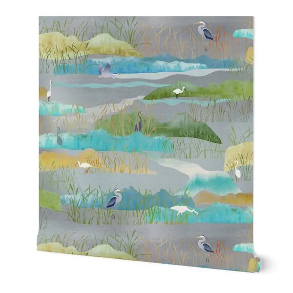 Spoonflower Marsh Scene Aqua 300 Med 100% Natural Sisal Grasscloth Wallcovering