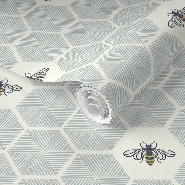 Spoonflower Bees Honeycomb Medium Light Blue Nature Modern Custom Removable Wallpaper - Beige,blue,gray