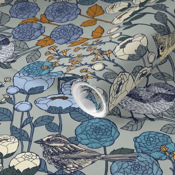 Spoonflower Winter Garden Bird Vintage Blue Flowers Floral Traditional Wallpaper - Blue,yellow,gray
