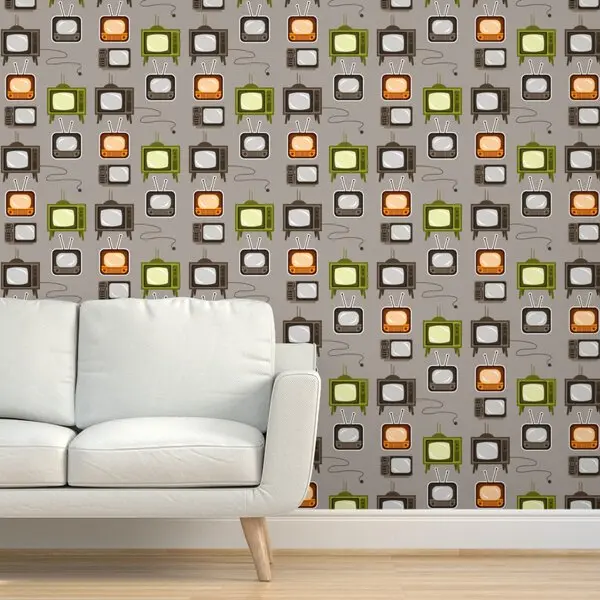 Spoonflower Vintage Retro Geek Technology Television Sets Custom Pre-pasted Wallpaper