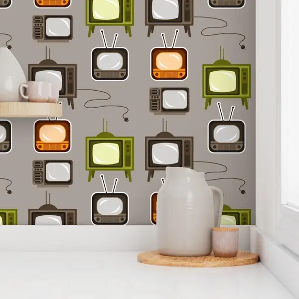 Spoonflower Vintage Retro Geek Technology Television Sets Custom Pre-pasted Wallpaper