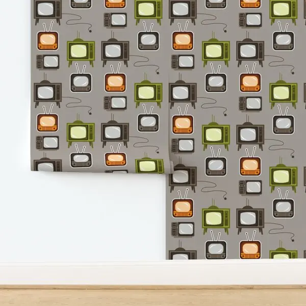 Spoonflower Vintage Retro Geek Technology Television Sets Custom Pre-pasted Wallpaper