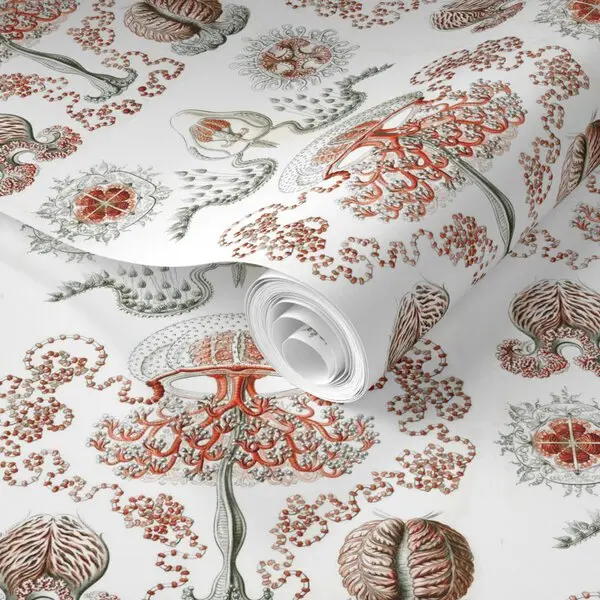 Spoonflower Vintage Jellyfish Beach Nautical Ocean Island Traditional Wallpaper - Brown,white