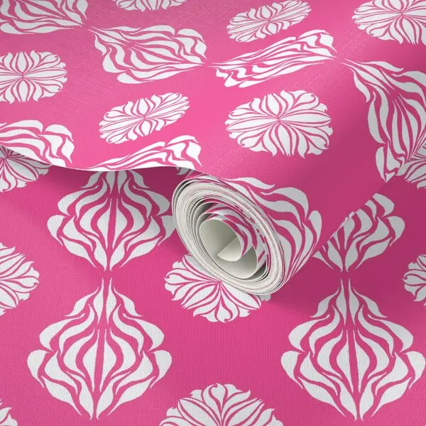 Spoonflower Asian Floral Abstract Fuchsia Hot Pink Bohemian Custom Pre-pasted Wallpaper - Pink,white