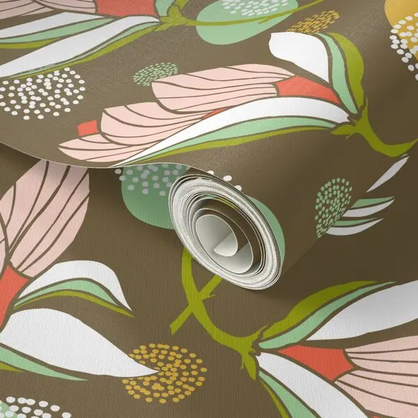 Spoonflower Flower Floral Brown Pink Mint Mid Century Custom Pre-pasted Wallpaper - Brown,pink,green
