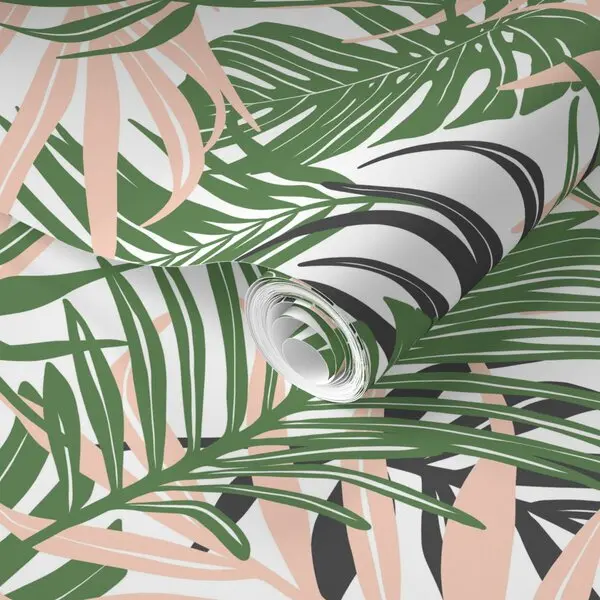 Spoonflower Green Leaves Nature Jungle Summer Custom Pre-pasted Wallpaper - Gray,green