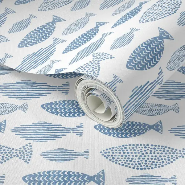 Spoonflower Watercolor Fish Sea Ocean Animals Custom Pre-pasted Wallpaper - Blue