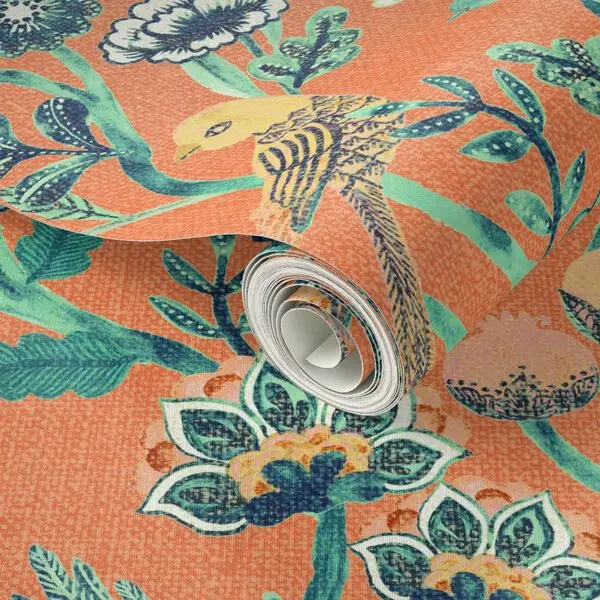 Spoonflower Coral Exotic Watercolour Chintz Maximalist Custom Removable Wallpaper - Coral,orange,green