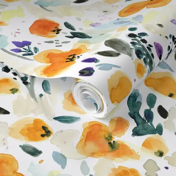 Spoonflower Flowers Floral Orange Gold Abstract Poppies Custom Pre-pasted Wallpaper - Green,gray,brown