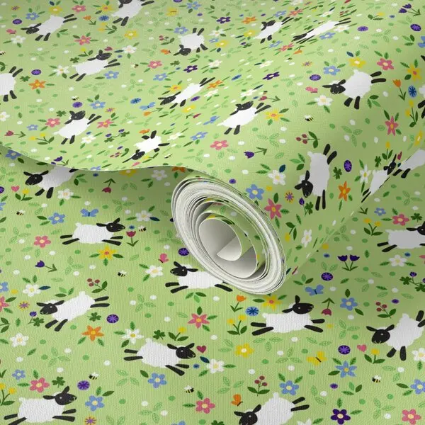 Spoonflower Flowers Sheep Spring Ditsy Custom Pre-pasted Wallpaper - Green,gray