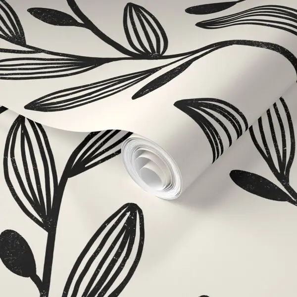 Spoonflower Black Vines Vintage Leaves Floral Custom Removable Wallpaper - Beige,black,white