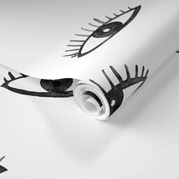 Spoonflower Eyes Watercolor Black And White Monochrome Human Custom Pre-pasted Wallpaper - Black,white,gray