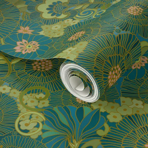 Spoonflower Kaleidoscope Retro Floralblue Vintage Hawaii Traditional Wallpaper - Green,blue,black