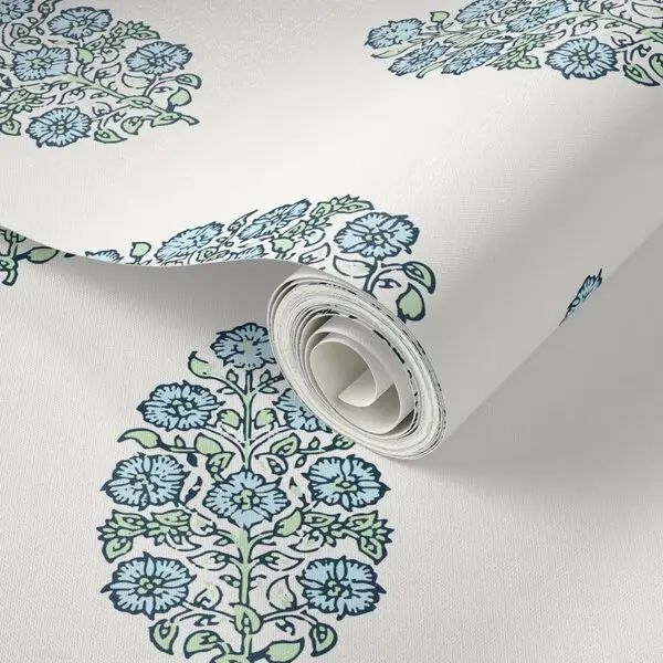 Spoonflower Flowers Block Print Green Blue Moroccan Custom Pre-pasted Wallpaper - Blue,white,gray