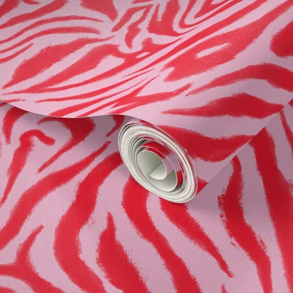 Spoonflower Abstract Zebra Sketch Animal Hide African Tribal Custom Pre-pasted Wallpaper - Red,pink
