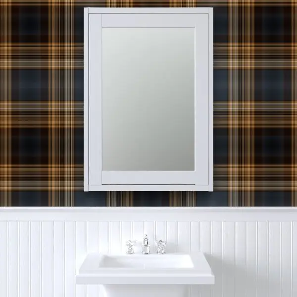 Spoonflower Dark Blue And Brown Fine Line Plaid Large Scale Custom Pre-pasted Wallpaper