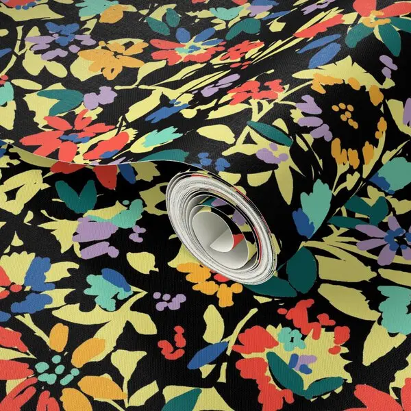 Spoonflower Modern Flowers Floral Bright Colorful Colors Custom Pre-pasted Wallpaper - Black,red,blue