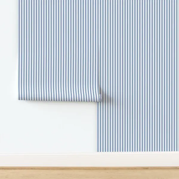 Spoonflower Striped Dark Ticking Stripes Pattern Mattress Traditional Wallpaper - Blue