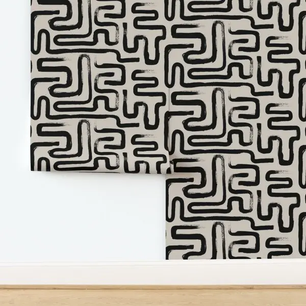 Spoonflower Abstract Wallpaper Paint Tribal Maze Snakes 100% Natural Sisal Grasscloth Wallcovering - Black