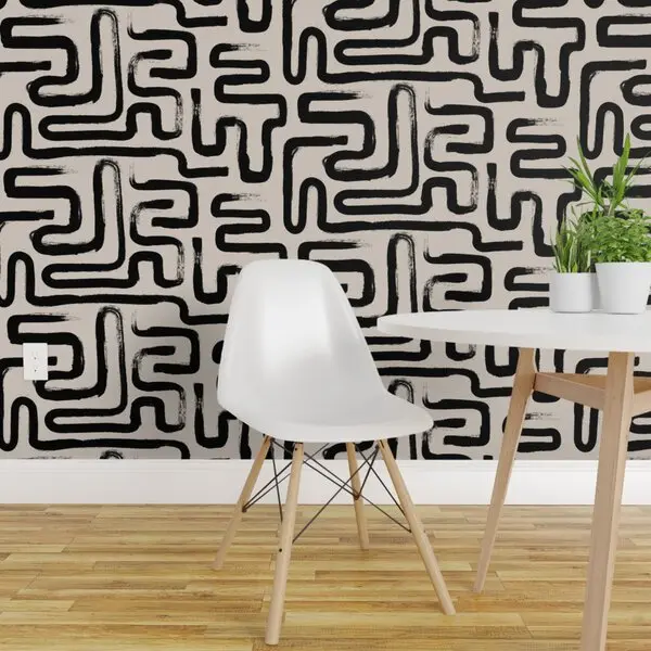 Spoonflower Abstract Wallpaper Paint Tribal Maze Snakes 100% Natural Sisal Grasscloth Wallcovering - Black
