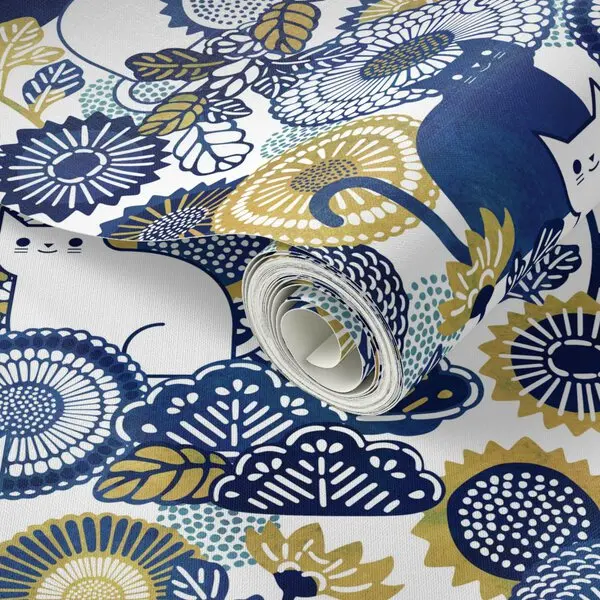Spoonflower Blue Yellow Flowers Floral Gold Japanese Custom Pre-pasted Wallpaper - Blue,gray,green