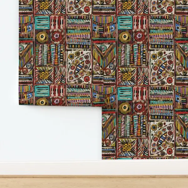 Spoonflower African Folk Art Style Ethnic Afrocentric Custom Pre-pasted Wallpaper - Red,brown,beige