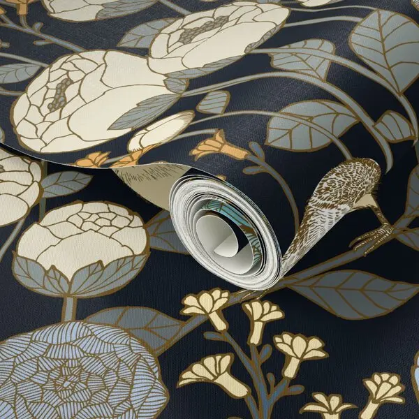 Spoonflower Winter Garden Black Vintage Floral Bird Custom Pre-pasted Wallpaper - Black,blue,beige