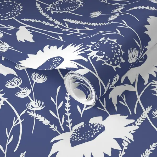 Spoonflower Wildflowers Navy Meadow Lavender Graphic Nature Traditional Wallpaper - Blue,white,gray