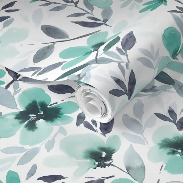 Spoonflower Mint And Grey Watercolor Floral Flowers Pattern Traditional Wallpaper - Blue,teal,gray