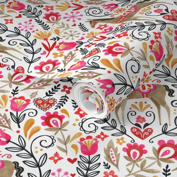 Spoonflower Pink Black White Red Floral Orange Horse Custom Pre-pasted Wallpaper - White,black,brown