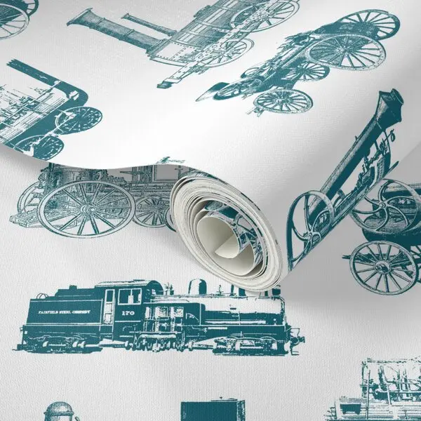 Spoonflower Antique Steam Aquamarine Large Trains Vintage Custom Removable Wallpaper - Blue,white,aqua