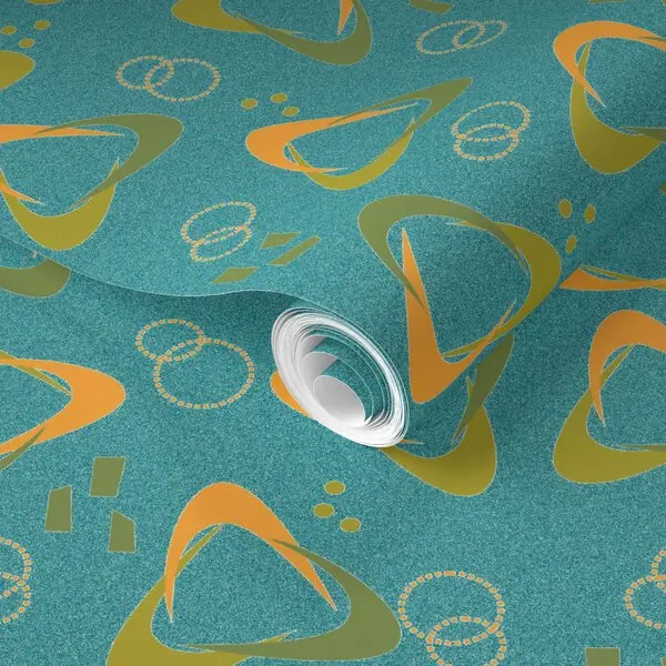 Spoonflower Teal Space Age Vintage Inspired Boomerangs Atomic Custom Pre-pasted Wallpaper - Blue,green