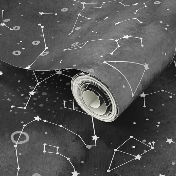 Spoonflower Constellations Black Watercolor Space Stars Custom Removable Wallpaper - Black,gray,white