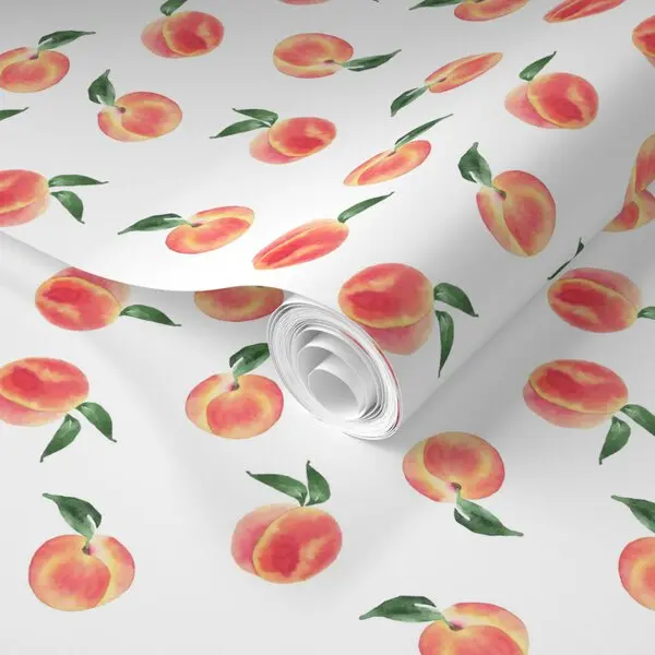 Spoonflower Fruit Peach Peaches Watercolor Custom Removable Wallpaper - Gray,green,pink
