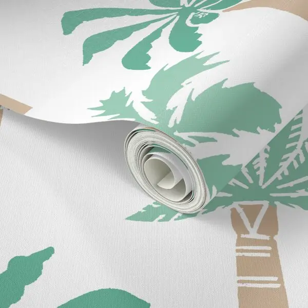 Spoonflower Palm Summer Tropical Tree Palms Custom Pre-pasted Wallpaper - Green,brown,mint