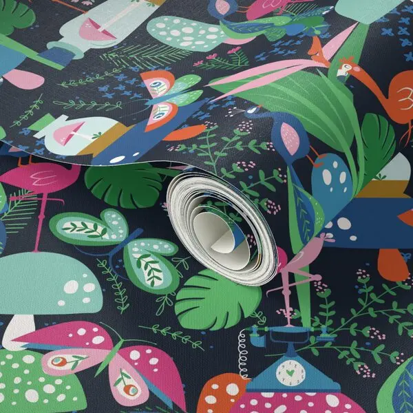 Spoonflower Jungle Flamingo Tropical Polka Dots Scandinavian Custom Pre-pasted Wallpaper - Blue,pink,mint