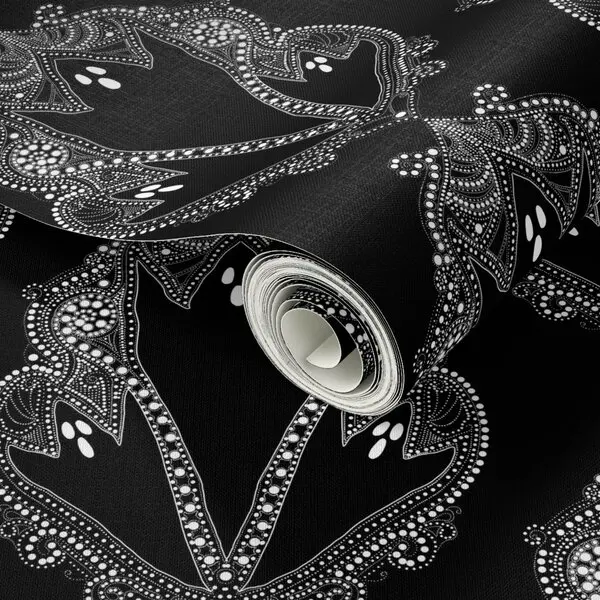 Spoonflower Black White Dots Damask Halloween Spooky Ghosts Custom Pre-pasted Wallpaper - Black,white,gray