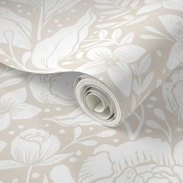 Spoonflower Peonies -neutral Botanical Art Nouveau Large Scale 100% Natural Sisal Grasscloth Wallcovering - Beige