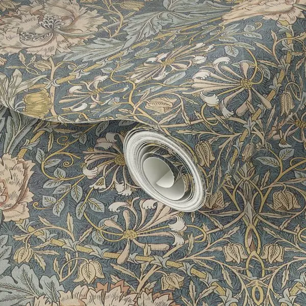 Spoonflower William Morris Honeysuckle Medium Custom Pre-pasted Wallpaper - Gray