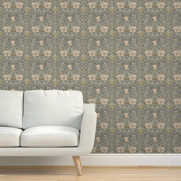 Spoonflower William Morris Honeysuckle Medium Custom Removable Wallpaper - Gray