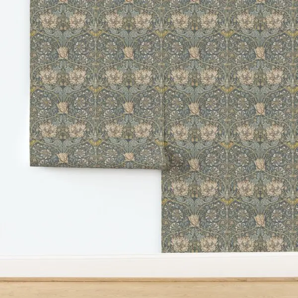 Spoonflower William Morris Honeysuckle Medium Custom Removable Wallpaper - Gray