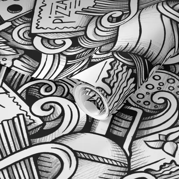 Spoonflower Art Doodle Food Graffiti Graphics Europe Italian Custom Removable Wallpaper - Black,white,gray