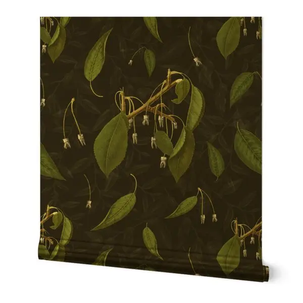 Spoonflower Vintage Leaves Victorian Gothic Botanical Anatomy Custom Removable Wallpaper - Black
