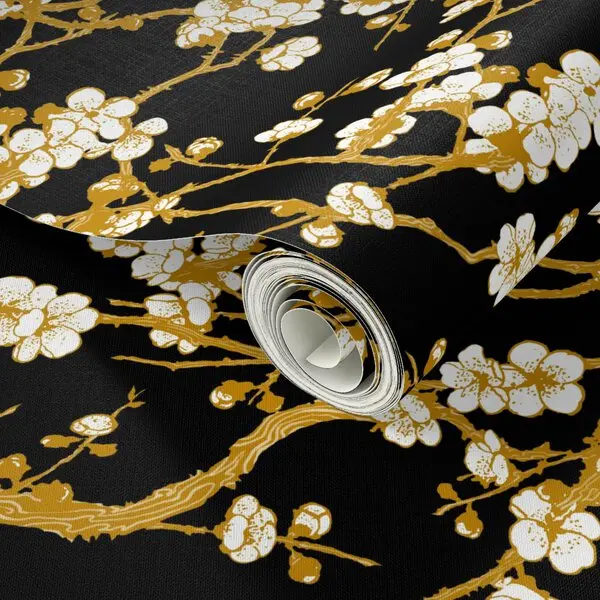 Spoonflower Black White Yellow Flowers Floral Nature Gold Custom Pre-pasted Wallpaper - Brown,black,sage