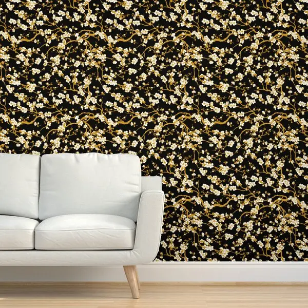 Spoonflower Black White Yellow Flowers Floral Nature Gold Custom Pre-pasted Wallpaper - Brown,black,sage