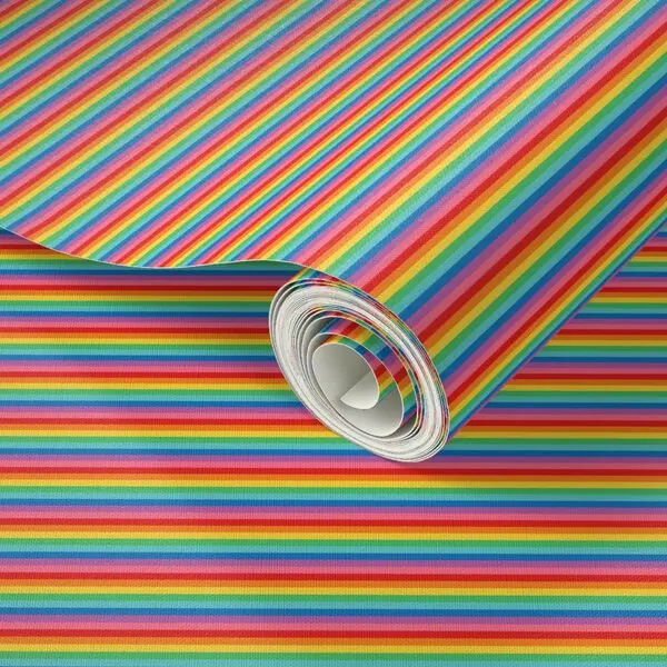 Spoonflower Tiny Stripes Horizontal Colorful Custom Removable Wallpaper - Rainbow