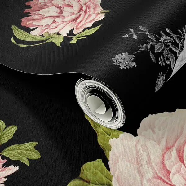 Spoonflower Florals Flowers Vintage Black And White Roses Custom Removable Wallpaper - Pink,black,brown