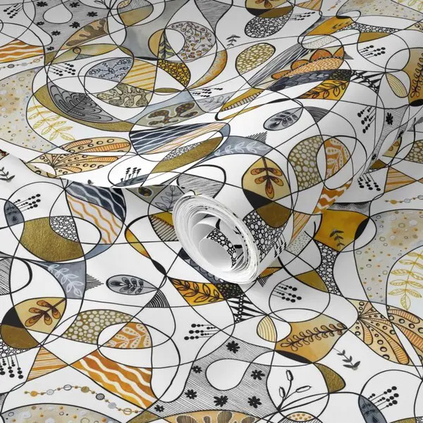 Spoonflower Black White Yellow Leaves Grey Circles Traditional Wallpaper - Gray,brown