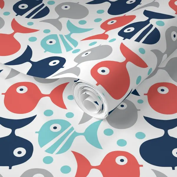 Spoonflower Nautical Fish Ocean Coastal Blue Red Aqua Sea Life Custom Pre-pasted Wallpaper - Blue,brown
