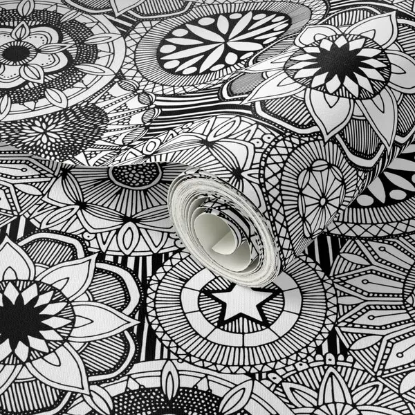 Spoonflower Black And White Flower Star Illustration Mandala Custom Pre-pasted Wallpaper - Gray,black,white